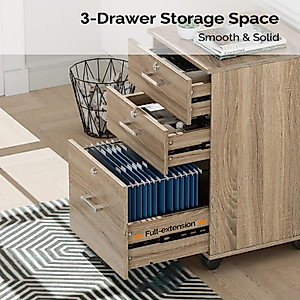 VINGLI Mobile 3 Drawer File Cabinets for Under Desk, Wooden Filing Cabinets for Home Office, Printer Stand & File Cabinet with Lock, 26-in H(Caster Included), Oak