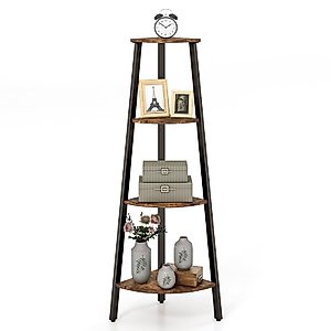 GOFLAME 4-Tier Industrial Corner Shelf, Freestanding Corner Ladder Bookshelf with Anti-Tipping Kit, Multipurpose Display Rack, Plant Stand for Home Office, Living Room, Bedroom, Kitchen, Rustic Brown