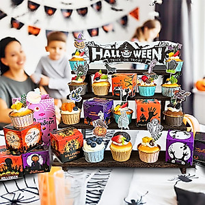 Umgozrz Halloween Wooden Cupcake Stand 4 Tier Rustic Wood Cupcake Stand Halloween Gothic Skull Cupcake Holder Wooden Dessert Display Stand
