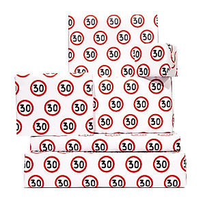 30th Birthday Wrapping Paper - 6 Sheets of Gift Wrap - Funny Wrapping Paper Sheets for Age 30 - Stop Sign - For Men and Women - Adulting - Comes With Fun Stickers - By Central