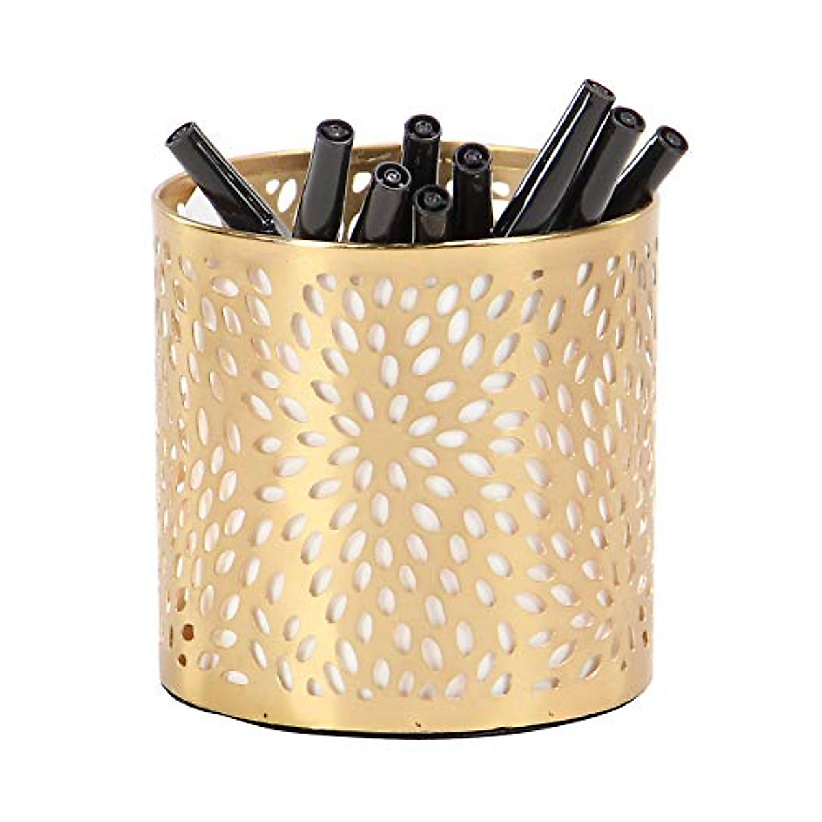 Deco 79 Metal Cylinder Pencil Cup with Laser Carved Floral Design, 4" x 4" x 4", Gold