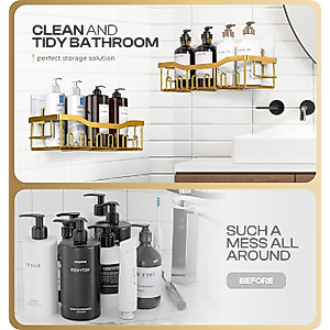 Luxury Style Stainless Steel Shower Caddy Set - Rustproof, Durable, and Adhesive Hanging Bathroom Organizer Kit with 5 Pieces | Shower Caddy Organizer | Bathroom Decor (Luxury Gold)