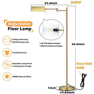Mlambert Reading Floor Lamp,LED Pharmacy Lamp with Swing Arm,Swivel Head Adjustable Standing Lamp,E26 Base,Corner Lamp for Livingroom,Sewing(Brass)