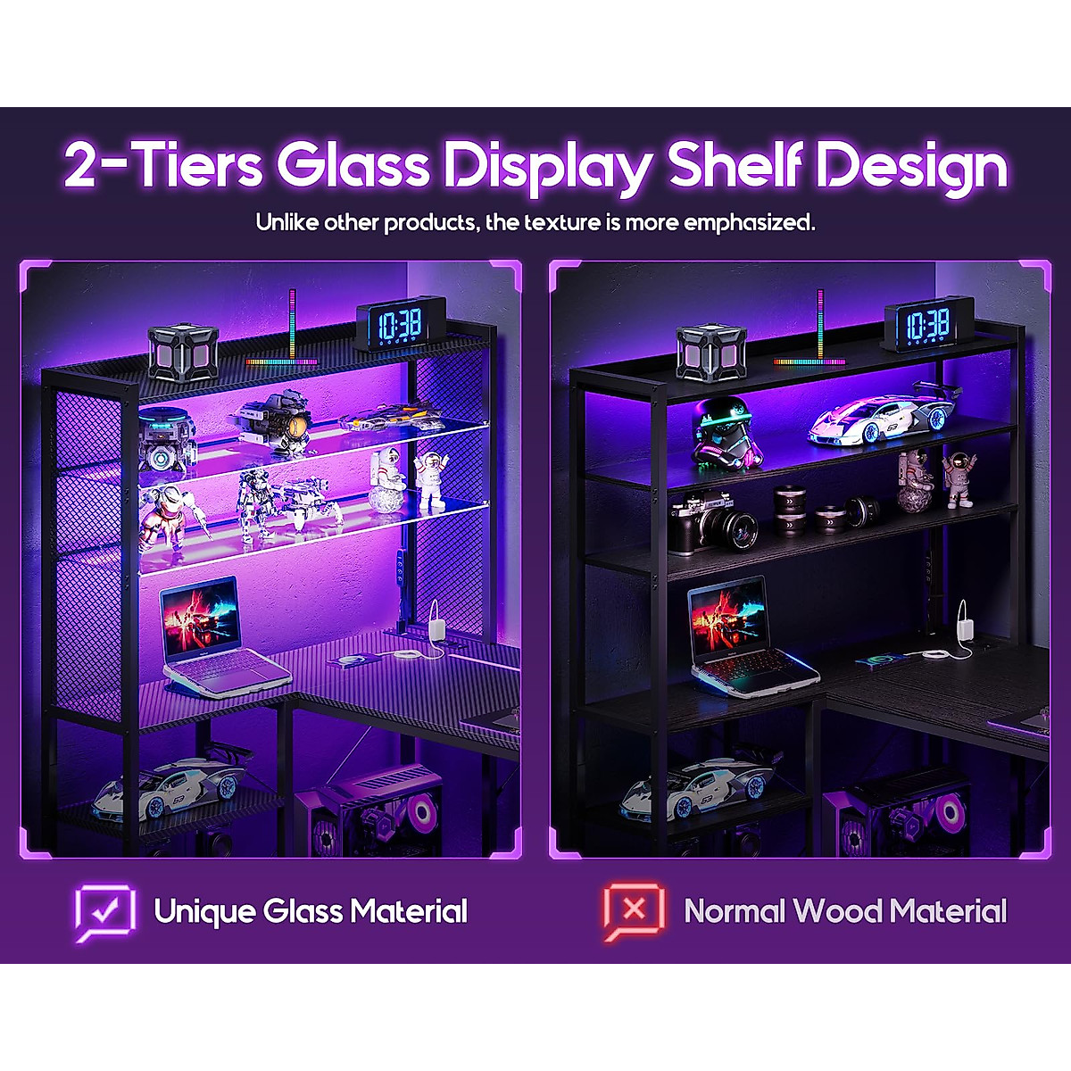 MOTPK L Shaped Gaming Desk, Reversible Computer Desk with Power Outlet, Gaming Table with LED Lights, L Shaped Desk with Glass Display Storage Shelves, Glass Desk Office Desk