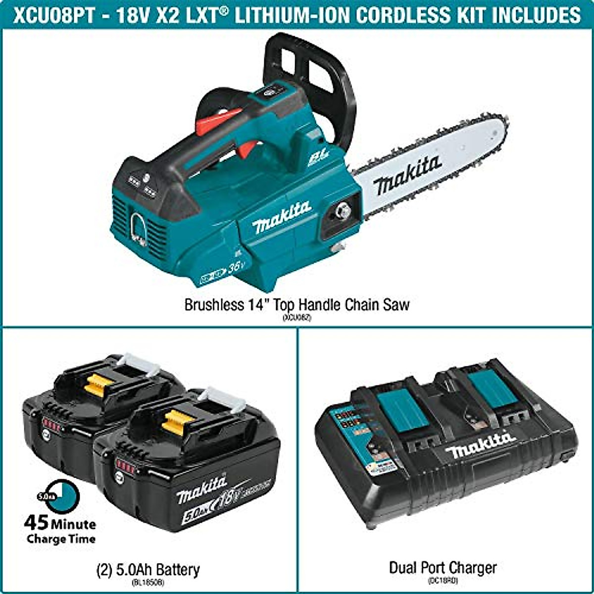 Makita XCU08PT Lithium-Ion Brushless Cordless (5.0Ah) 18V X2 (36V) LXT 14" Top Handle Chain Saw Kit, Teal