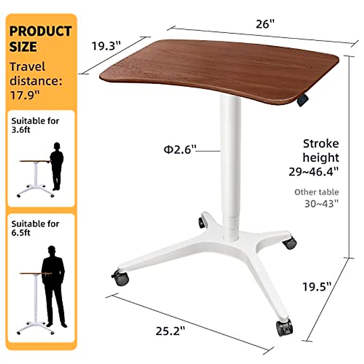 HAOOAH 47" Mobile Standing Desk(26" W*19.3" D), Adjustable Height Laptop Desk, Pneumatic Desk with Gas Spring Riser, Podium for Home, Office，Classroom，Medical, (29" to 46.9" H) (Walnut)