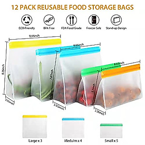 12 Pack Reusable Food Storage Bags, FDA Food Grade Ziplock Leak proof 4 Reusable Sandwich Bags 3 Gallon Bags 5 Snack Bags Easy Wash Eco-Friendly Freezer Safe Bags For Meat Fruit Vegetable