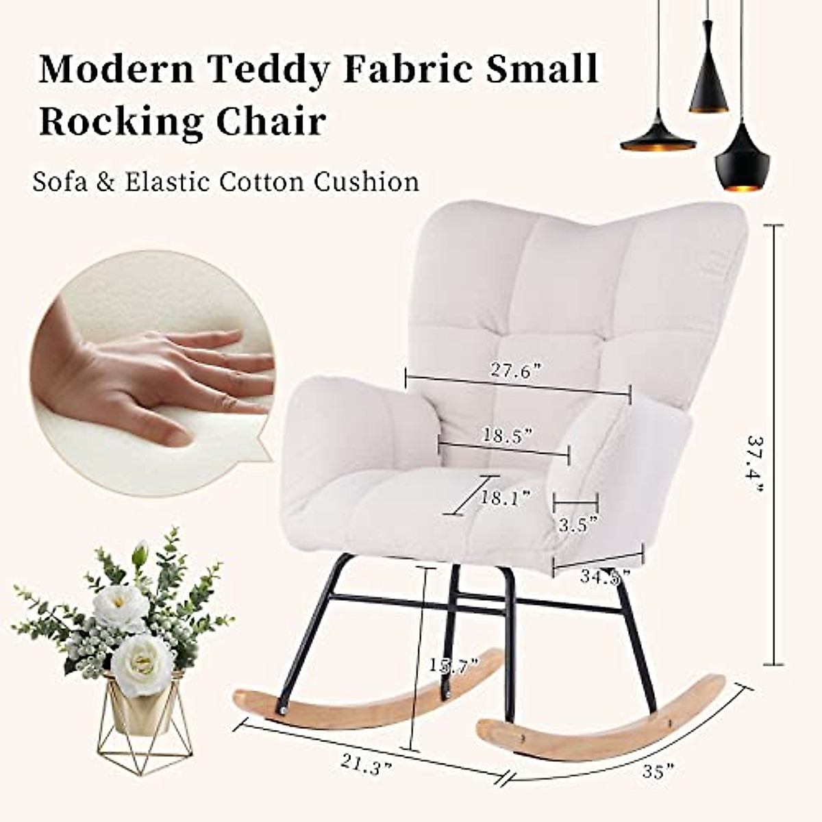 NIOIIKIT Nursery Rocking Chair Teddy Upholstered Glider Rocker Rocking Accent Chair Padded Seat with High Backrest Armchair Comfy Side Chair for Living Room Bedroom Offices (Ivory Teddy)