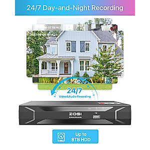 ZOSI 5MP 8CH PoE Security Camera System with Audio,H.265+ 5MP 8 Channel NVR with 2TB HDD,8pcs Weatherproof PoE IP Cameras Outdoor Indoor,Human Detection,100ft Night Vision,for Home 24-7 Recording