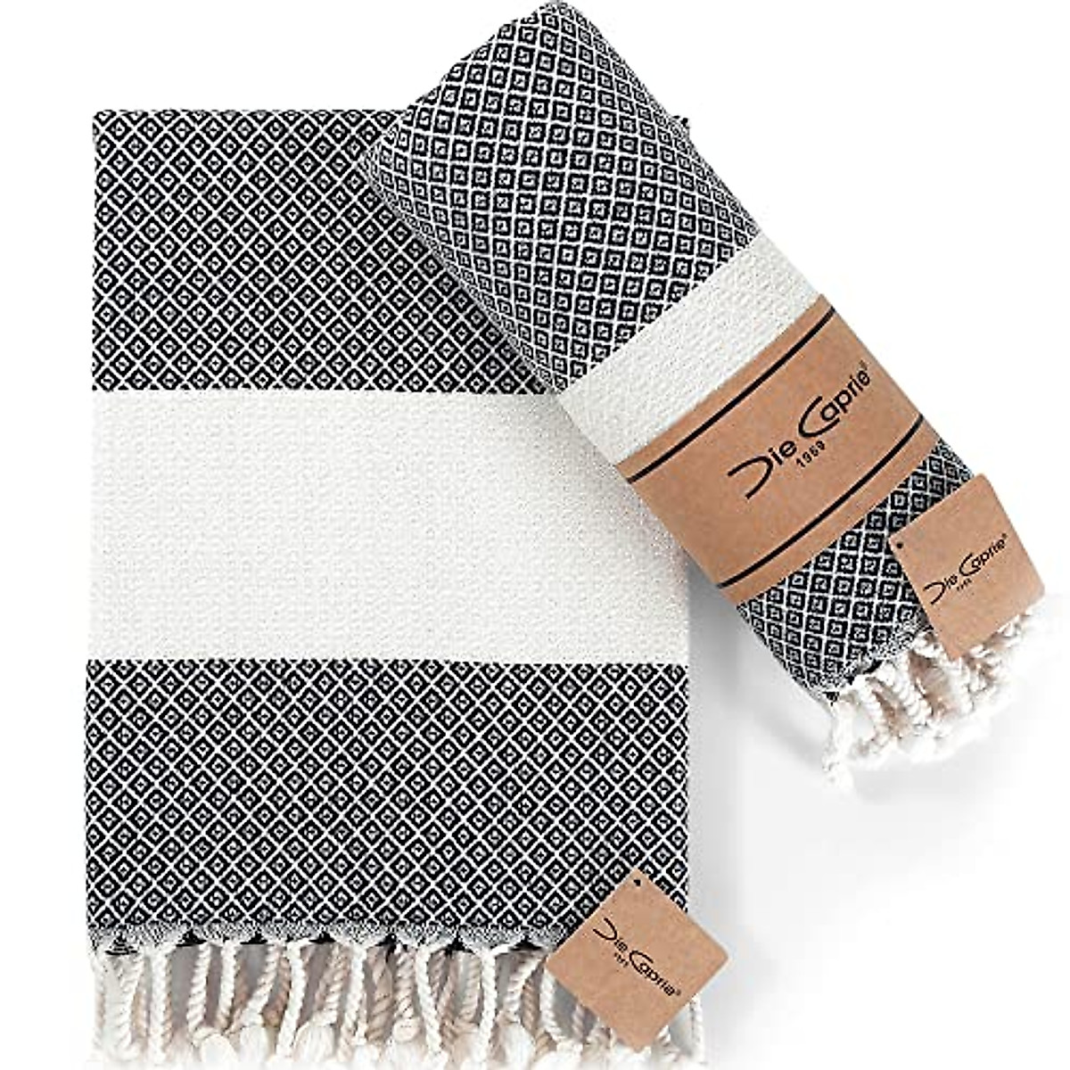 Die Caprie Turkish Hand Towels Set of 2 | 100% Cotton, 16 x 40 Inches | Decorative Bathroom Towel for Hand, Face, Gym, Yoga, Dishcloth, Kitchen and Bath(2 Hand Towels, Black)
