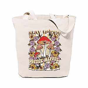 GXVUIS Stay Trippy Little Hippie Canvas Tote Bag for Women Aesthetic Flowers Mushrooms Boho Reusable Grocery Shoulder Bags White