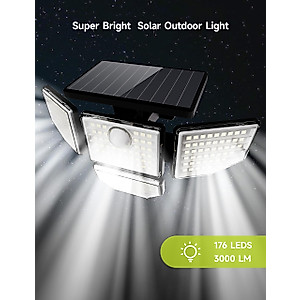 soysout Solar Outdoor Lights, 3000LM 176 LED Security Lights with Remote Control, 4 Heads Motion Sensor Lights, IP65 Waterproof Outdoor Floodlights