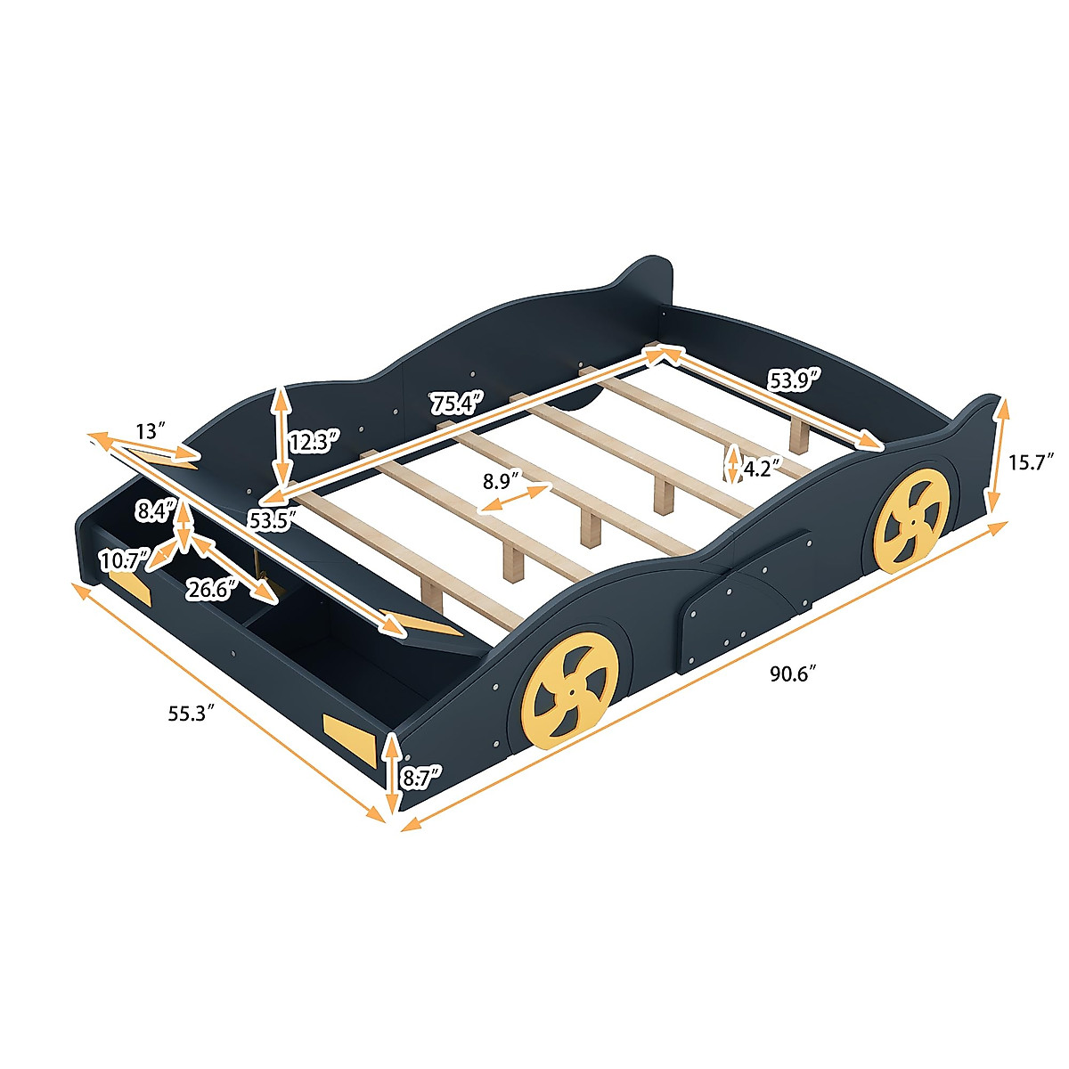 Acosure Full Size Race Car-Shaped Platform Bed with Wheels,Wooden Car Bedframe W/Storage Space,No Box Spring Required,for Boys Toddlers Kids Child's Bedroom,Dark Blue+Yellow