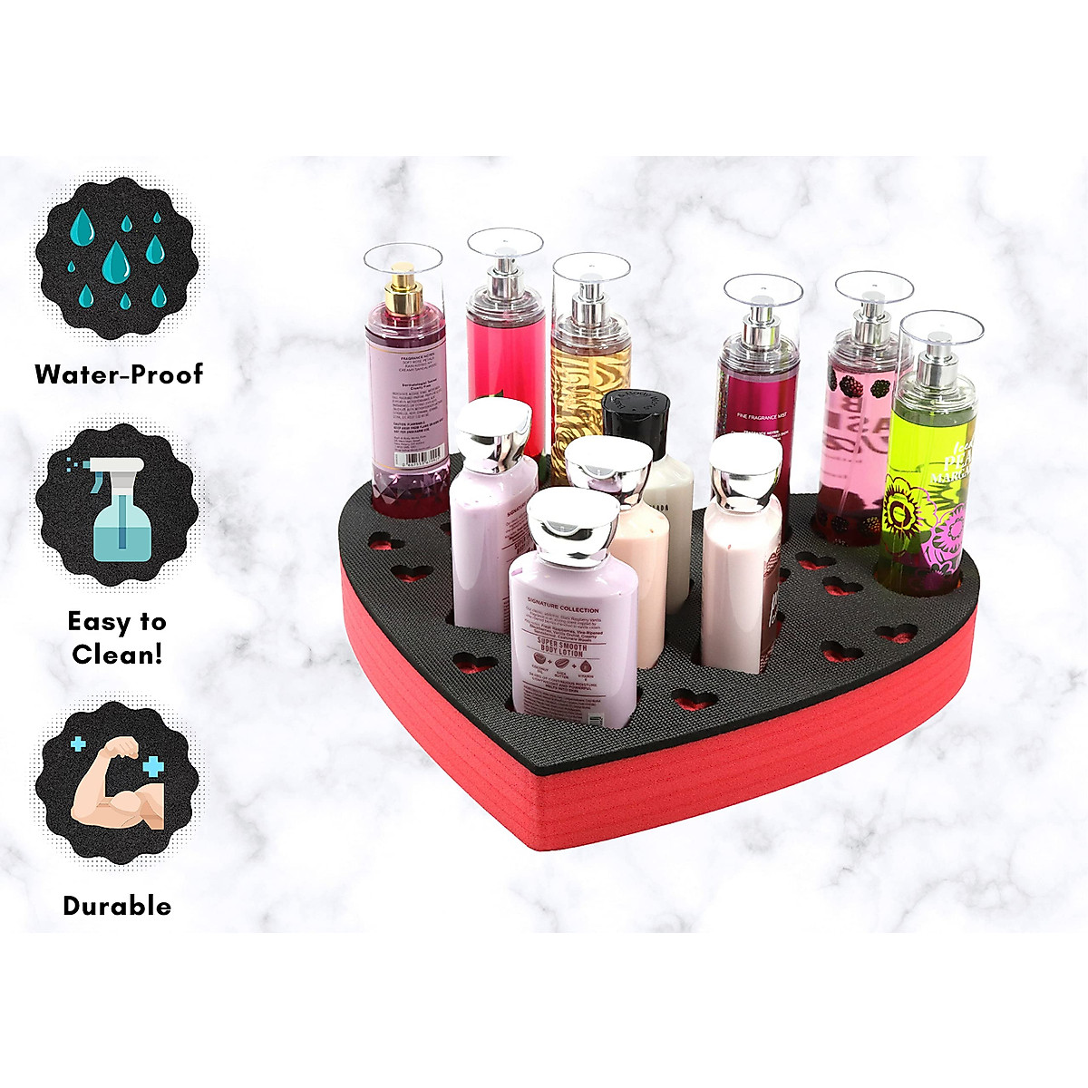 Polar Whale 2 Lotion and Body Spray Stand Organizers Heart Shaped Large Tray Red Black Durable Foam Washable Waterproof Insert for Home Bathroom Bedroom Office 15 x 12.5 x 2 Inches 11 Slots 2pc Pair