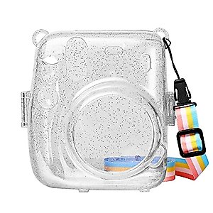 MOSISO Protective Case Compatible with Fujifilm Instax Mini 11 Instant Camera, Sparkly Glitter Hard Shell Camera Case Cover with Adjustable Rainbow Shoulder Strap, Clear