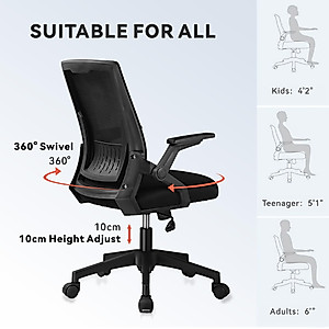 COMHOMA Office Chair with Flip-up Armrests Ergonomic Computer Desk Chair Foldable Mesh Task Chair with Wheels Adaptive Lumbar Support Swivel Tilt Comfortable Study Chair, Black (Seat Depth 17.7")