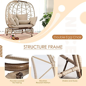 NICESOUL® Double Wicker Rocking Egg Chair, Oversized Egg Basket Lounge Chair for 2 Persons, Patio Gliding Egg Chair with Legs Thick Cushions 500 Lbs Large Loveseat for Indoor Outdoor Beige with Cover