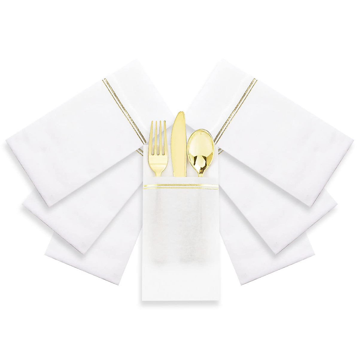 Nervure 100PCS Gold Paper Napkins with Built-in Flatware Pocket - White and Gold Prefolded Cloth Like Disposable Napkins - Heavy-duty Linen-Feel Dinner Napkins for Party & Wedding & Dinner