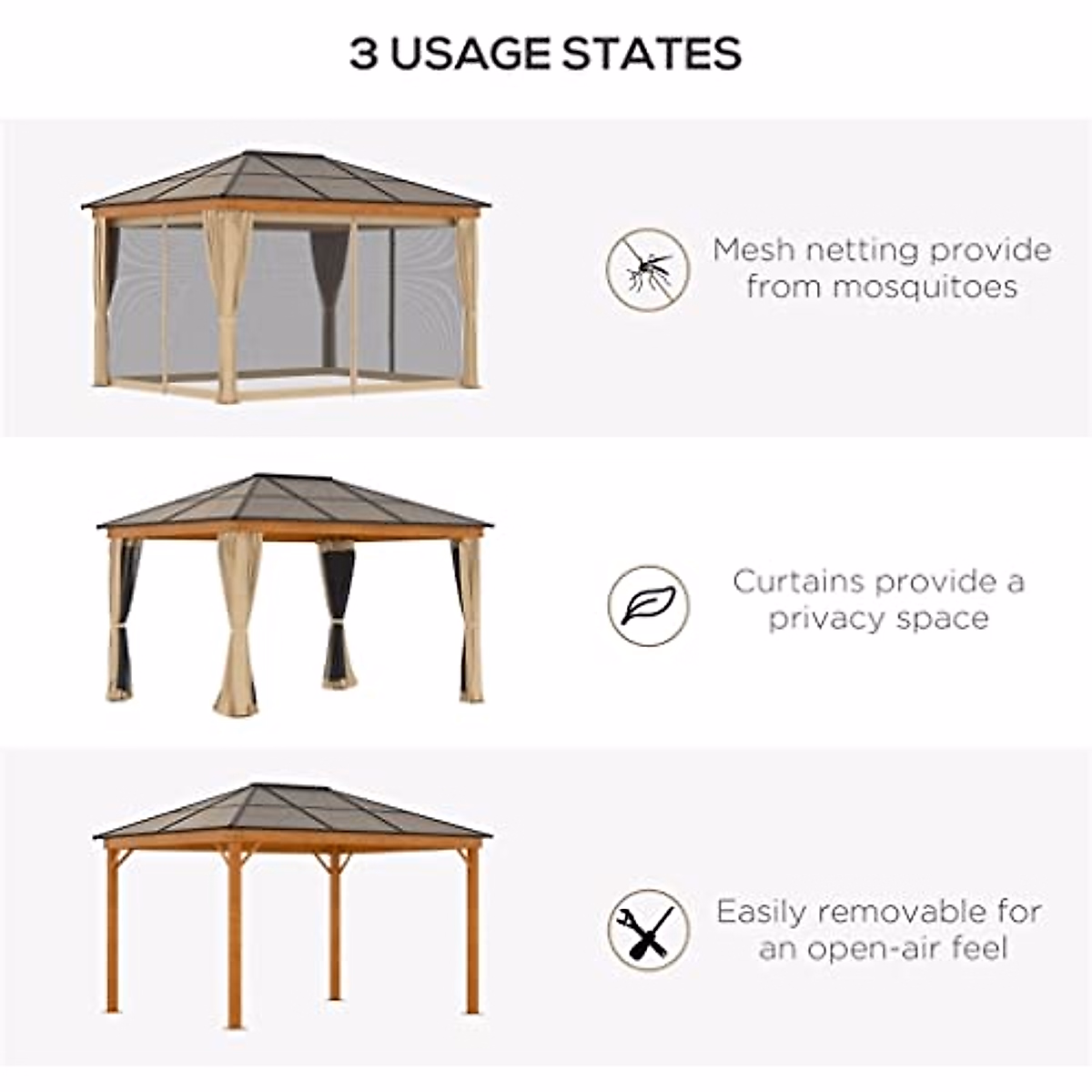 LIRUXUN 10' X 12' Hardtop Polycarbonates Gazebo Canopy Aluminum Frame Pergola W/Netting and Sidewalls for Garden, Patio