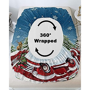 Full Size Fitted Sheet Bed Set Winter Christmas Farm Red Truck Deep Pocket Soft Bottom Sheets&Pillowcases for Bedroom Decor Snowflake Xmas Tree on Blue,Fits Mattress Up to 16" Deep