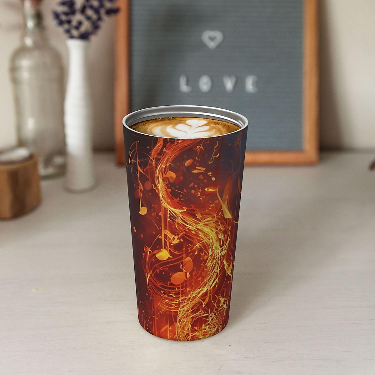 Reusable Coffee Mug with Lid and Handle, Red Flame Music Note Tumbler for Hot & Cold Drinks 16oz Stainless Steel Insulated Coffee Tumblers Double Wall Vacuum Thermal Cup