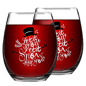 Let It Snow Christmas Wine Glass, 15 Oz Funny Stemless Wine Glasses for Women Friends Men, Gift Idea for Christmas Wedding Party, Set of 2