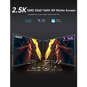 2.5K Portable Monitor for Laptop16 Inch 2560 * 1600 100% sRGB Comupter Gaming Display with HDR USB C HDMI, Ideal for Travel, Second, Extend Screen