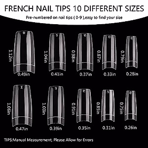 GoLashFun 500PCS French Nail Tips Half Cover,CLear Lady French Style Acrylic Half Square False Nail Art Tips 10 Sizes Artificial Fake Nails for Nail Manicure Salon