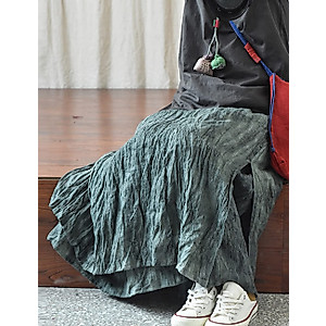 NFYM Women's Cotton Linen Skirts Textured Casual Layered Elastic Waistband Slit Mid-Calf Skirt with Pockets (as1, Alpha, one_Size, Regular, Regular, Dark Green)