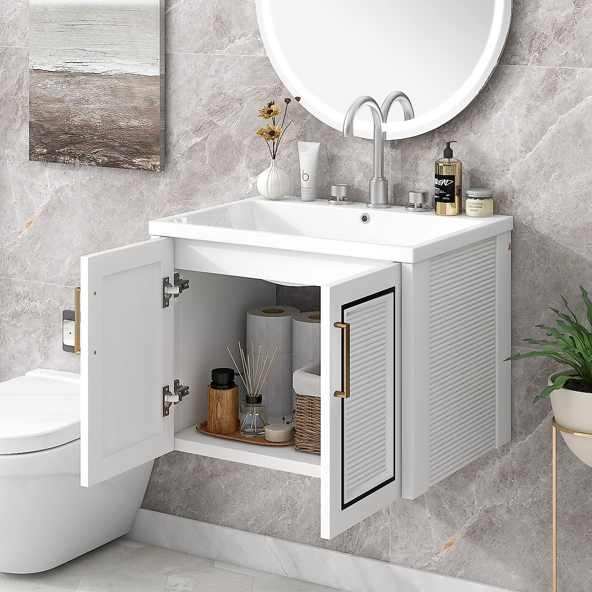 Polibi 24" Wall Mounted Bathroom Vanity with Ceramic Basin, Two Shutter Doors, Solid Wood & MDF Board, Modern Hanging Bath Cabinet