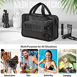 Gocvo Mesh Shower Caddy Mash Shower Bag Black Portable Mesh Accessories Organizer Tote for Gym College Dorm Room (Black-Large)