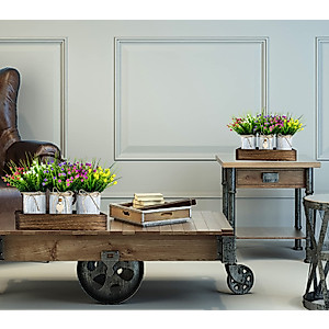 CALAVAK Decorative Centerpiece Wooden Tray with 3 Metal Potted Artificial Babys Breath Gypsophila Plant Flowers Rustic Country Farmhouse Décor for Dining Room, Living Room and Kitchen Table