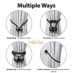 NazTur Magnetic Curtain Tiebacks- Upgrade 2022 with a Thicker Twist Rope & Strong Magnet Tieback Window Treatment Holdbacks Draperies Holders Decorative Drape Handmade Tie Back (Black, 4)