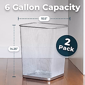 Greenco Mesh Square Wastebasket, 6 Gallon, 2pk (Silver) - Lightweight & Sturdy Office Trash Cans for Near Desk - Garbage Can for Bedroom, Kitchen, Dorm - Garbage Bin - Trash Can Office & Home Supplies