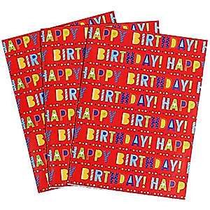 CAMKUZON Birthday Wrapping Paper with Cut Lines on Reverse - 3 Large Sheets Colorful Happy Birthday Gift Wrap for Girls Boys Kids Women Men Baby Shower Party - 27 Inch X 39.4 Inch Per Sheet