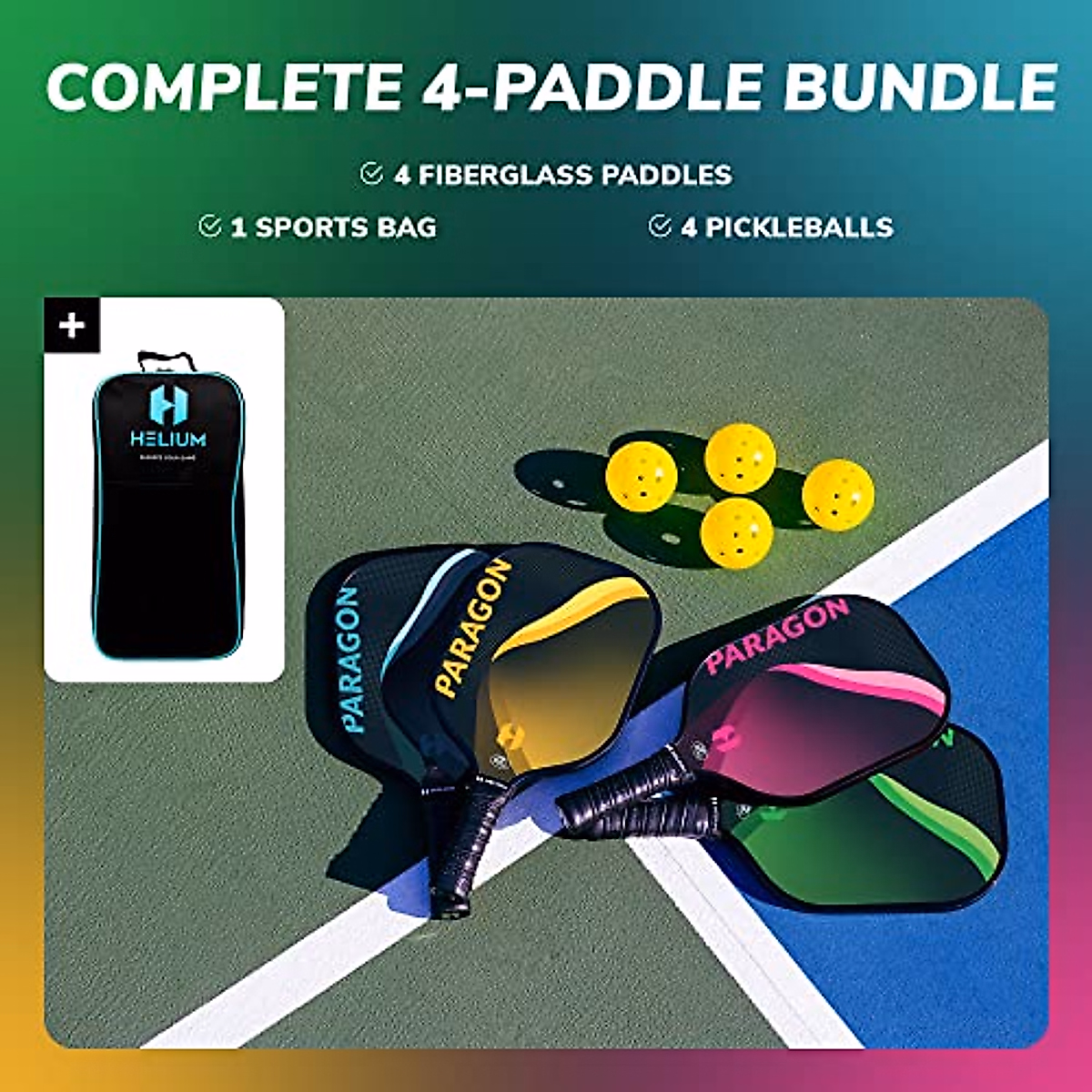 Helium Paragon Pickleball Paddles Set of 4 - USAPA Certified - Graphite Fiberglass Surface, Lightweight Honeycomb Core