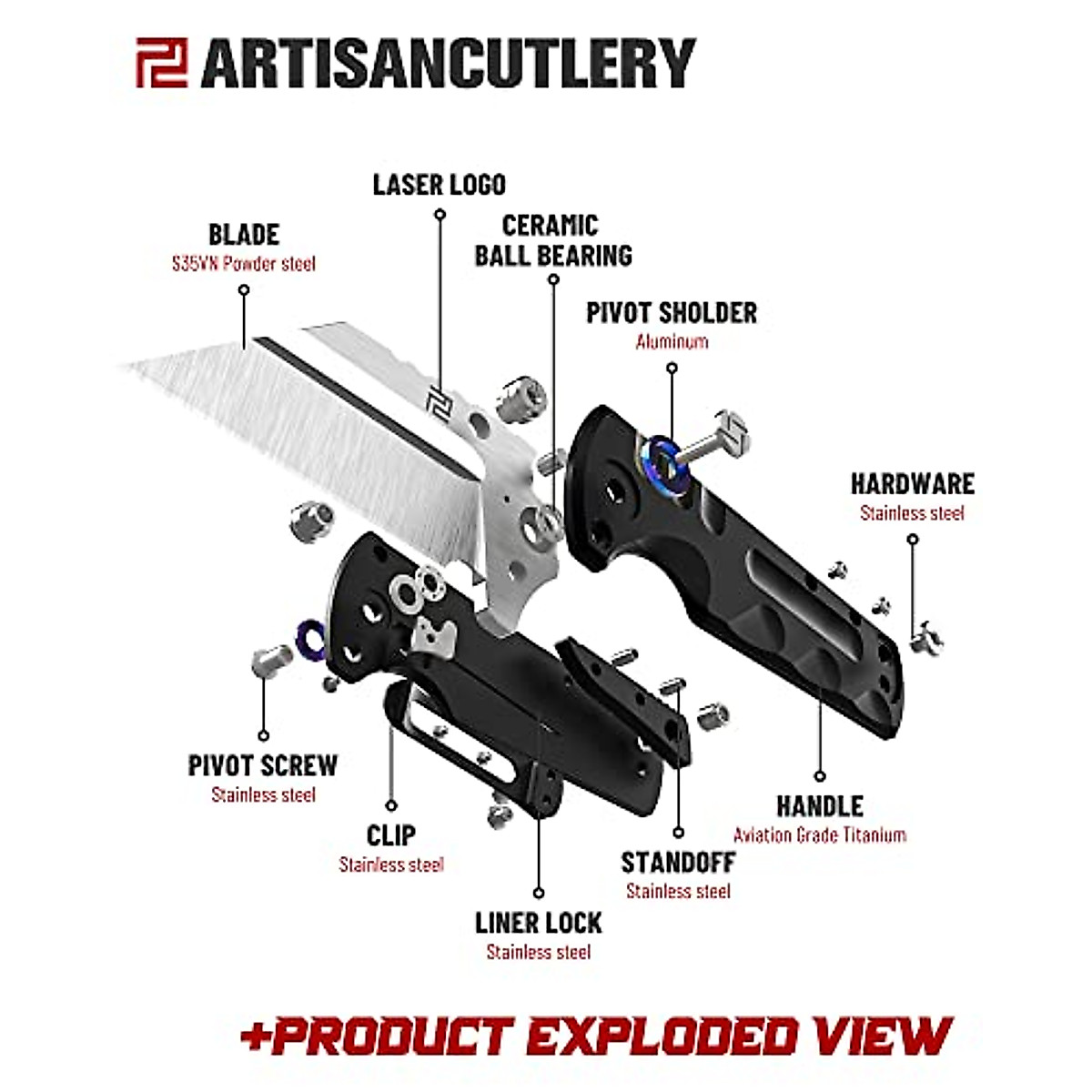 ARTISANCUTLERY Tactical Knife Proponent Folding Knife S35VN Steel Blade with Aviation Grade Titanium Alloy Handle Fixed Blade EDC Knife for Hunting,Camping and Outdoor 1820G Black