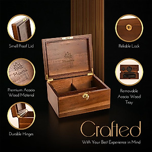 Moettik Premium Storage Box -Acacia Wooden Smell Proof Locking Storage Box with Accessories Removable Wood Tray, Glass Jars, Metal Tube, Ceramic Tray, Brush, Brown Upgraded Design
