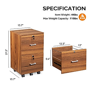 VINGLI 2-Drawer Rolling File Cabinet with Lock, Wood Mobile Filing Cabinet for Hanging Letter Size Filings Under Desk File Cabinet for Home Office, Assembly Required, Classic Walnut, 26.5" H