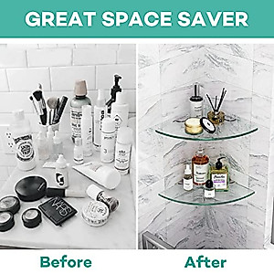 VeeCano 4 Pack Glass Corner Shower Shelf Bathroom Corner Shelves Wall Mounted Tempered Glass Shower Caddy Corner Shelf for Inside Tile Shower Organizer Shampoo Bottle Holder 9.4" R
