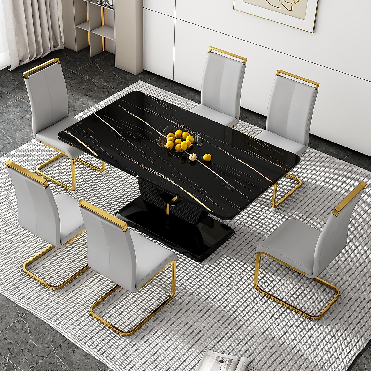MTFY 7 Pieces Marble Dining Table Set for 6, Modern 63" Rectangular Black Faux Marble Pedestal Kitchen Dining Room Table & 6 PU Leather Upholstered Dining Chairs, Elegant Dinette Table Set