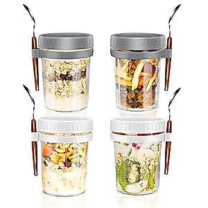 Bupto 4 Pack Overnight Oats Containers with Lids and Spoons, 16 oz Airtight Overnight Oats Jars with Measurement Marks Salad Jars for Cereal Milk Yogurt Vegetable Fruit(2 white + 2 grey)