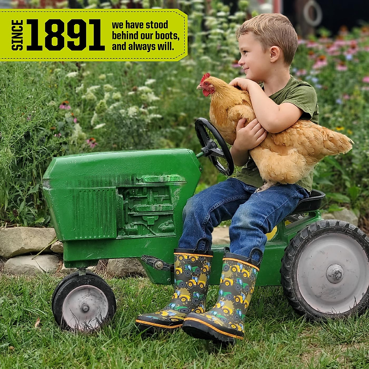 Western Chief Boys Waterproof Printed Rain Boot with Easy Pull on Handles - Tractor Tough, 8 M US Toddler