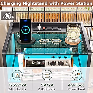 VIAGDO Nightstand with Charging Station and LED Lights, Black Night Stand with Glass Top and Storage Drawers, End Side Tables with Pull-Out Tray and USB Ports, Modern Bedside Tables for Bedroom