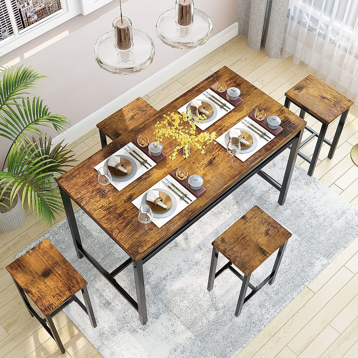 AWQM 5 Piece Bar Table Set, Modern Counter Height Dining Table and Chairs Set for 4, Wood Kitchen Table and 4 Bar Stools for Small Spaces, Apartment, Pub, Dining Room (Rustic Brown)
