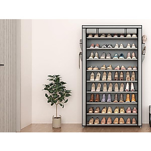 LANTEFUL Shoe Rack with Covers 10 Tier Tall Shoe Rack Organizer Large Capacity Shoe Shelf Storage 40 Pairs Space Saving Free Standing Shoe Storage Organizer for Closet, Entryway, Dorm, Grey