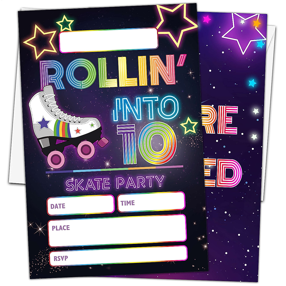 4" x 6" Neon Roller Skating 10th Birthday Party Invitation Cards With Envelopes (20 Sets) - Rolling Into 10 - C03