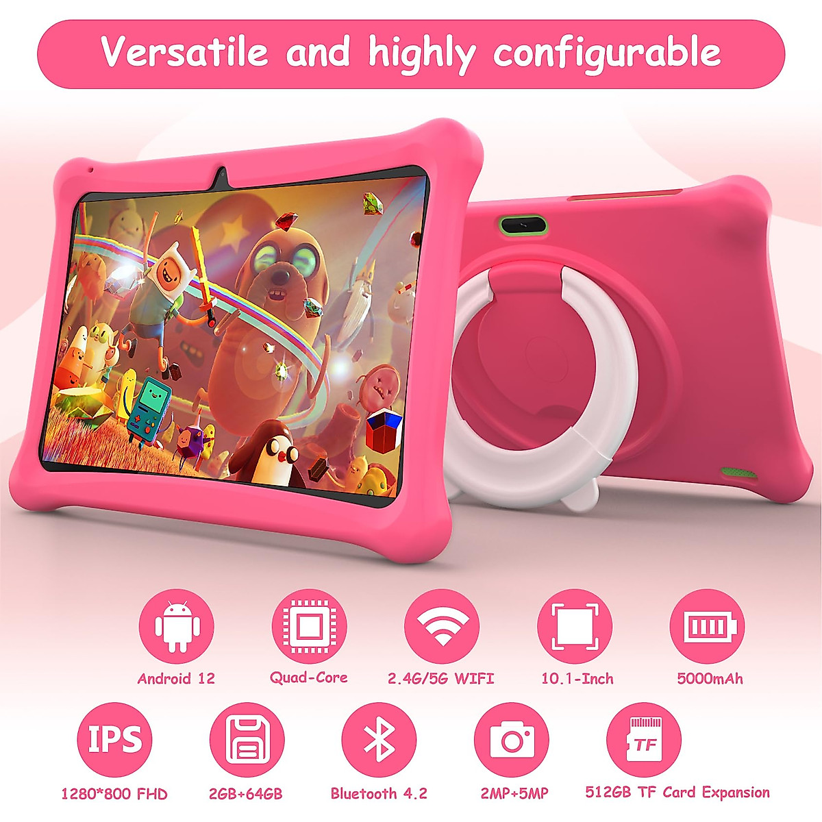 SGIN 10.1 inch Kids Tablet Android 12, 64GB ROM 2GB RAM(TF Card 512GB), Pre-Installed iWawa, Parental Control, 2.4G/5G WiFi, BT4.2, Dual Camera, Educational, Toddler Tablet Shockproof Case(Pink)