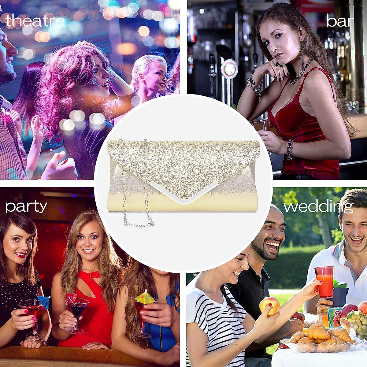 Women Evening Envelope Handbag Prom Sequin Clutch Purse Shoulder Cross Body Bag (Gold)