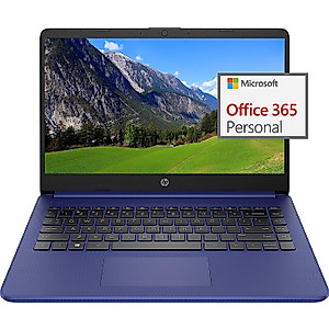 HP 2023 Stream Laptop, 14" Display, Intel Celeron N4120, 16GB RAM, 64GB eMMC + 256GB SD Card, Intel UHD Graphics 600, Wi-Fi, Bluetooth, Webcam, 1 Year Office 365, Windows 11 Home in S Mode, Blue